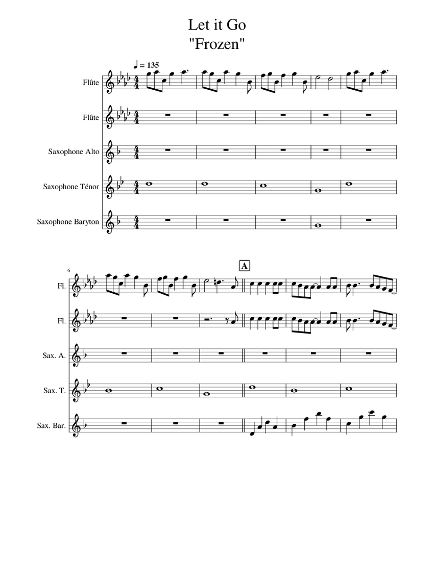 Let it go Frozenquintetraff Sheet music for Flute, Saxophone alto ...