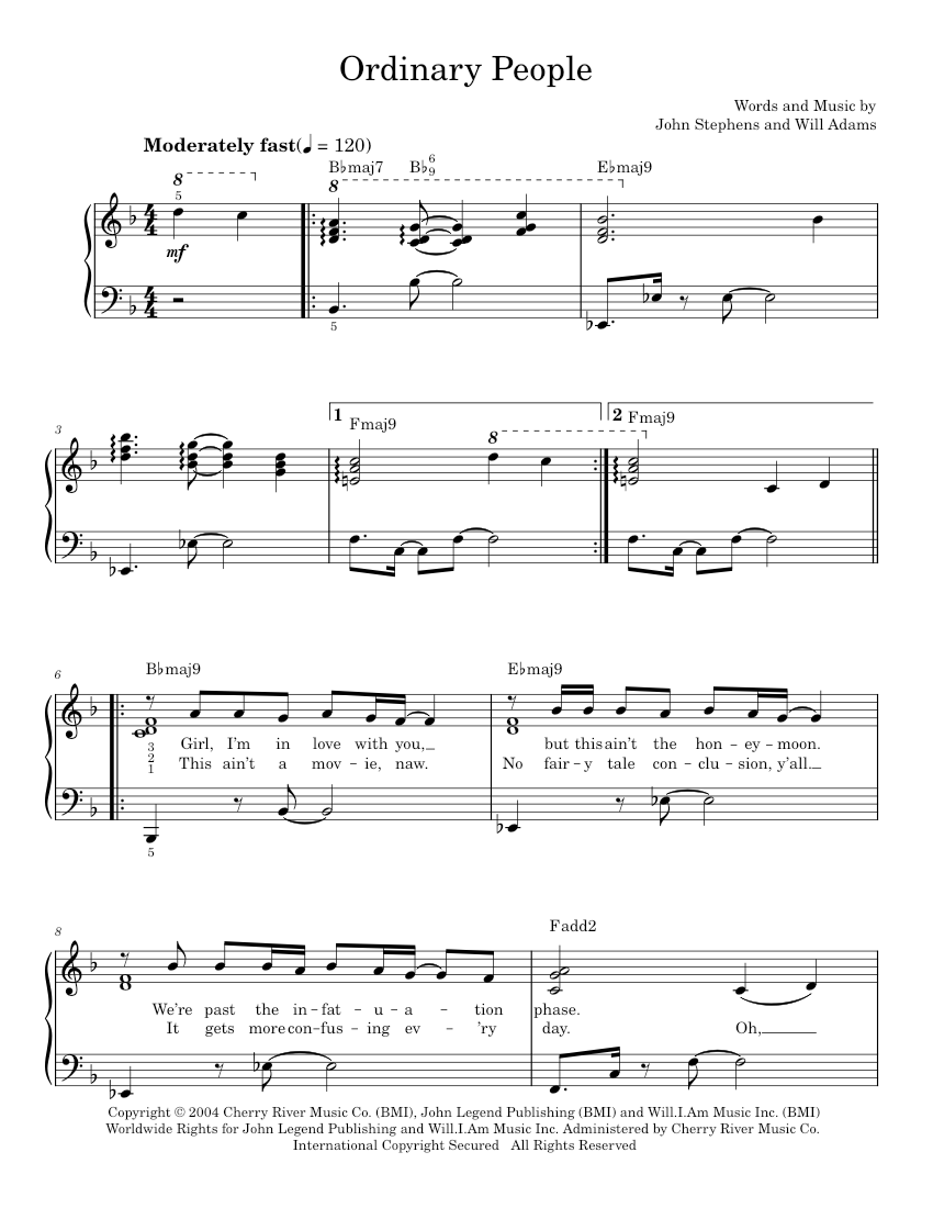 ordinary people Sheet music for Piano by John Legend: Music Notes by ...