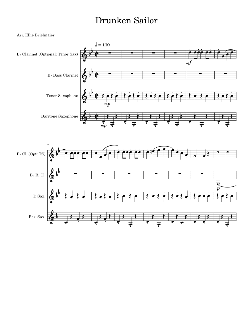 Drunken sailor – Misc Traditional Sheet music for Clarinet in b-flat, Clarinet bass, Saxophone ...