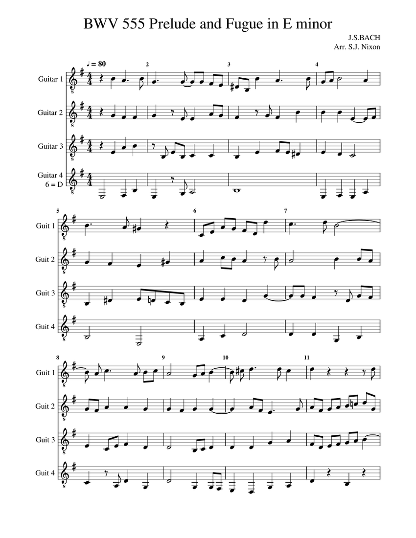 BWV 555 Prelude and Fugue in E minor Sheet music for Guitar (String ...