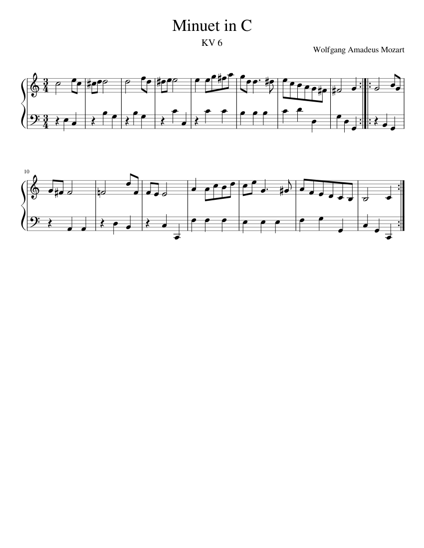 Minuet in C major K.6 – Wolfgang Amadeus Mozart Sheet music for Piano (Solo) Easy | Musescore.com