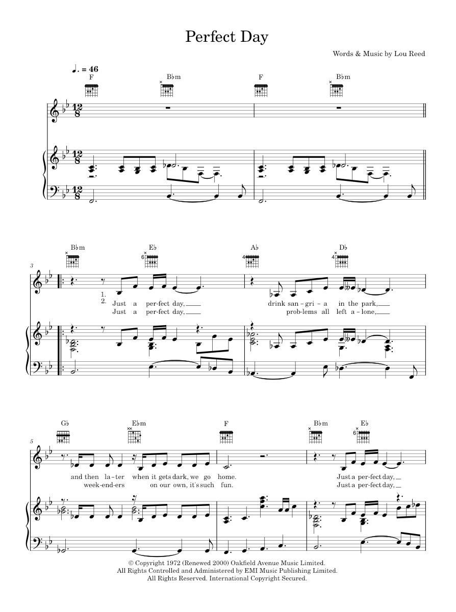 Play Official version of Perfect day Sheet Music by Lou Reed for Piano ...