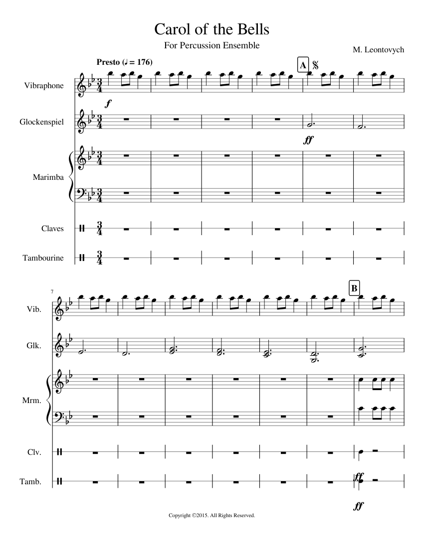 Carol of the Bells (for Percussion Ensemble) Sheet music for Tambourine ...