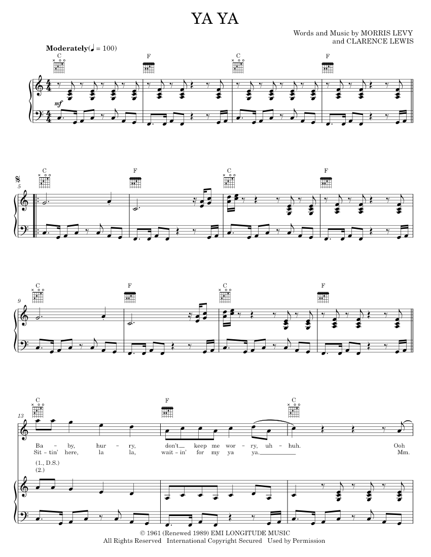 Play Official version of Ya ya Sheet Music by Lee Dorsey for Piano ...
