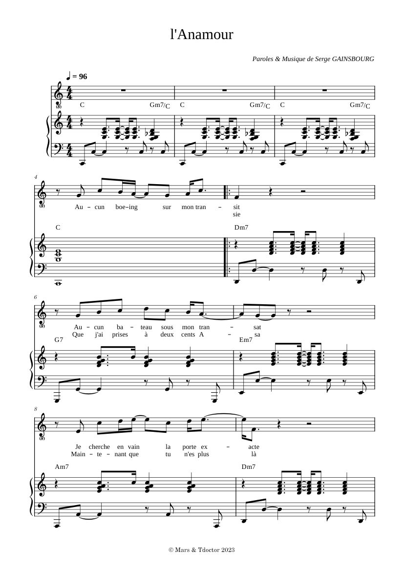 L'Anamour – Serge Gainsbourg Sheet Music for Piano, Vocals (Piano-Voice ...