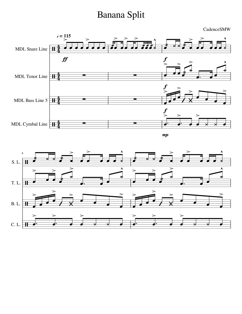 Banana Split Sheet music for Snare drum, Crash, Tenor drum, Bass drum ...