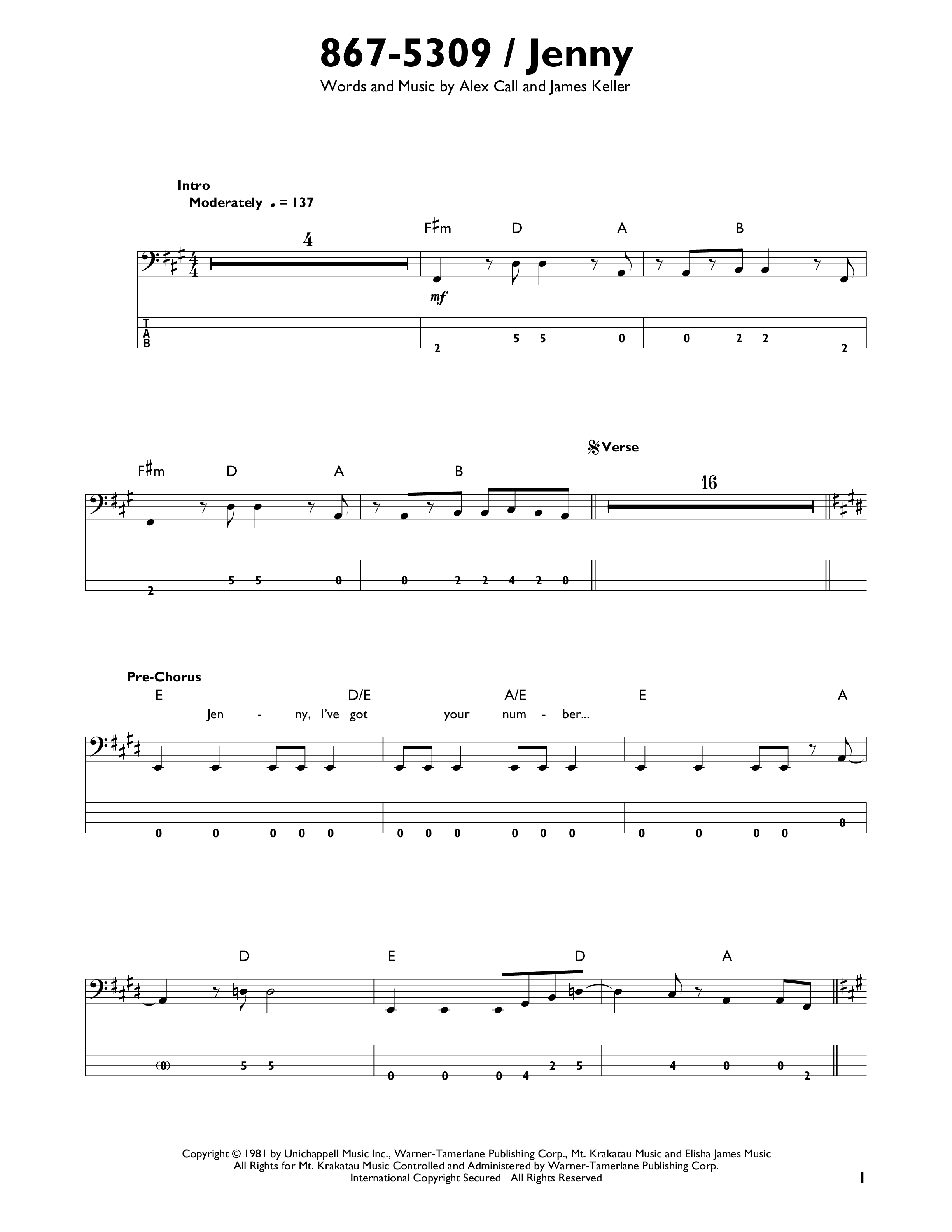 Play Official version of 867-5309 jenny Sheet Music by Tommy Tutone for ...