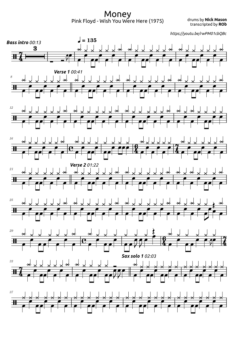 Pink Floyd - Money Sheet Music for Drum group (Solo) | MuseScore.com