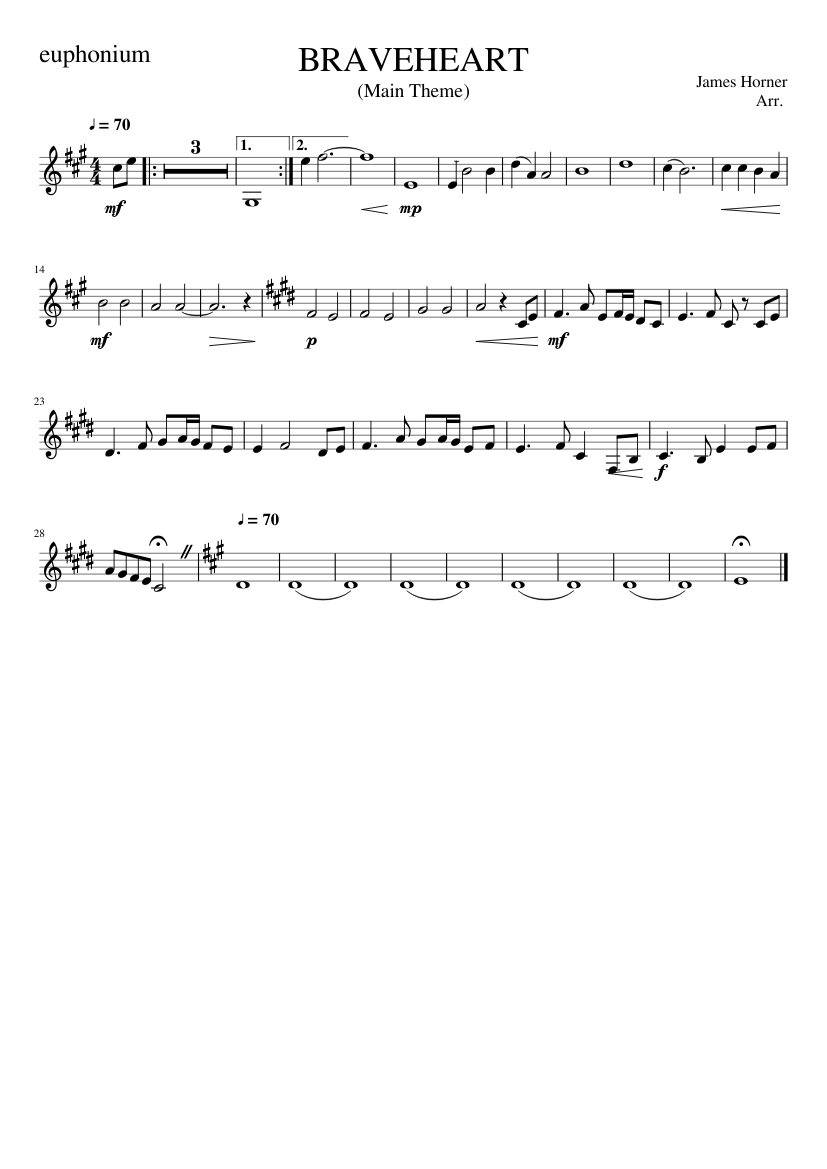 BRAVEHEART Main Theme Brass Quintet origin euphonium Sheet music for ...