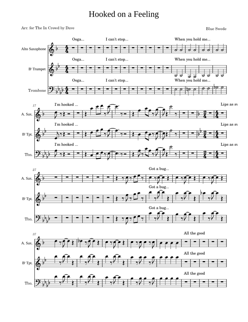 Hooked On A Feeling (Horn Section) – Blue Swede Hooked On A Feeling Sheet music for Trombone ...
