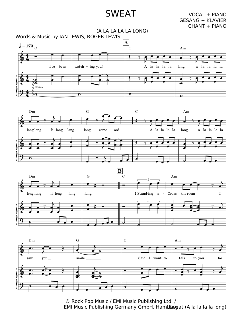 Sweat - Inner Circle Sheet Music with Chords for Piano, Vocals (Mixed ...