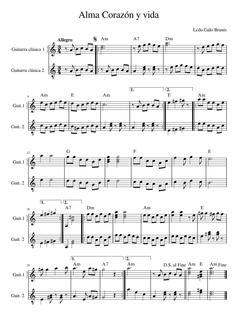 ALMA, CORAZON Y VIDA (V.1) Sheet music for Guitar (Mixed Duet ...