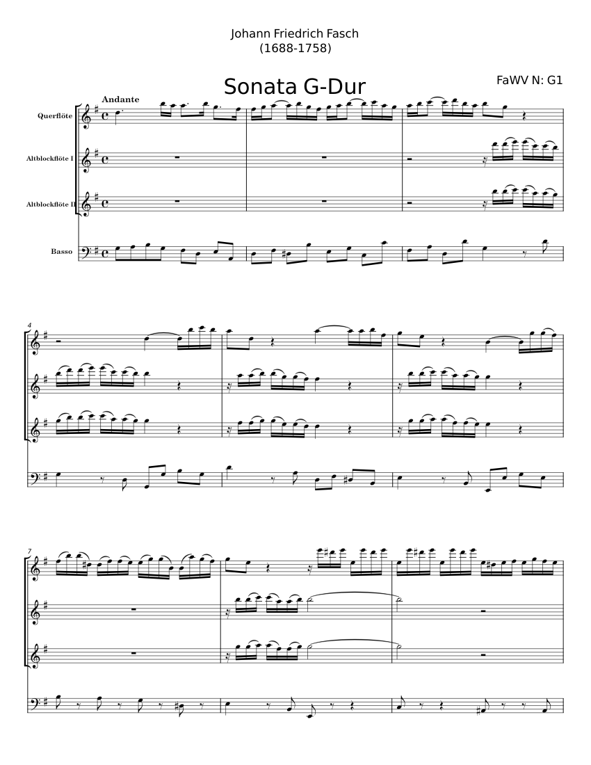 Sonata G-Dur, FaWV N:G1 - Johann Friedrich Fasch Sheet music for Flute ...