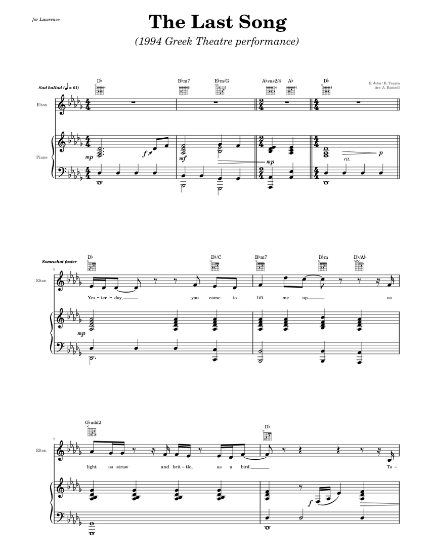 The Last Song - Elton John Sheet music for Piano, Vocals (Solo ...
