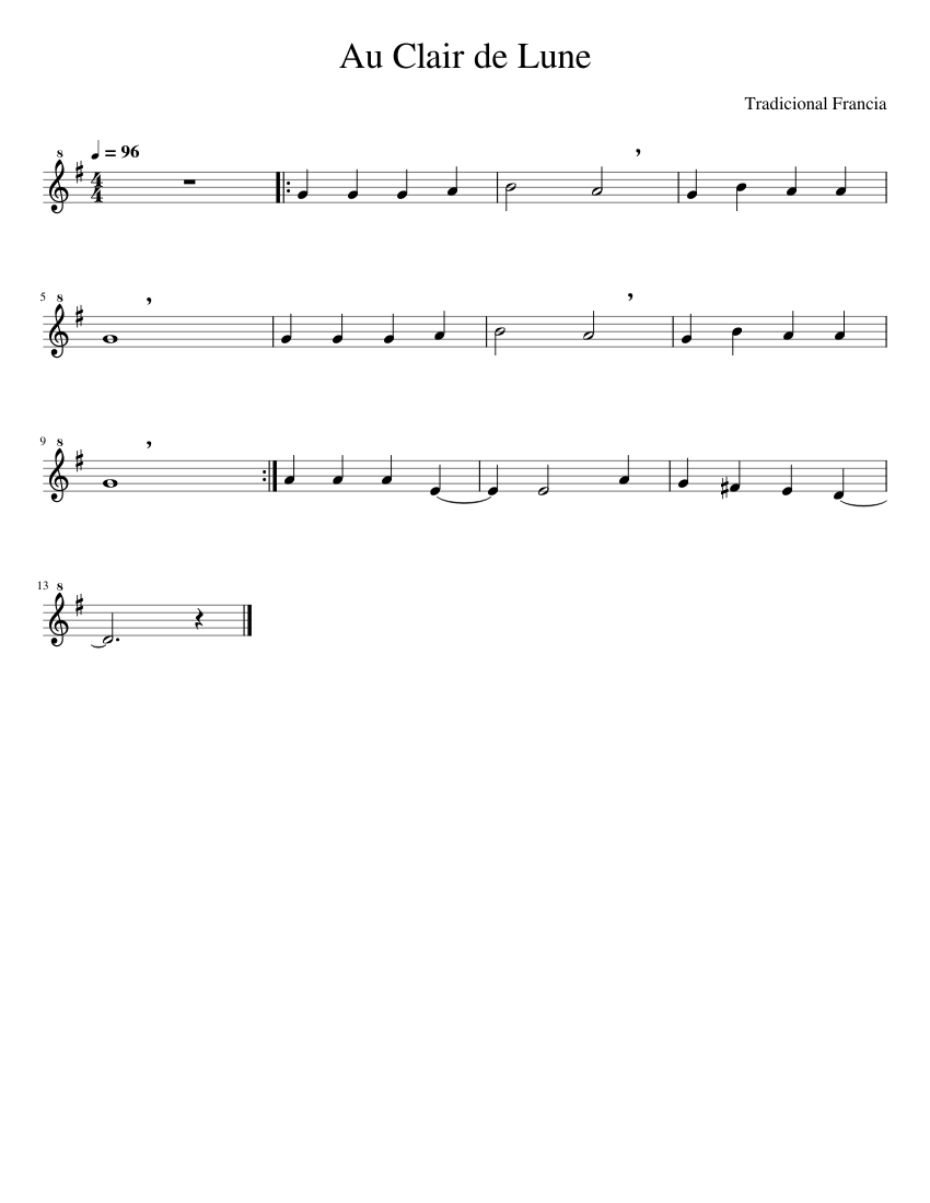 Au Claire de Lune Sheet Music for Recorder (Solo) | MuseScore.com