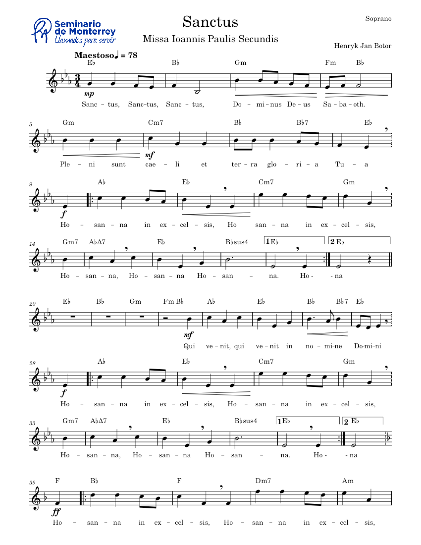 Sanctus - Ioannis Pauli Secundi (Soprano) Sheet Music with Chords for ...