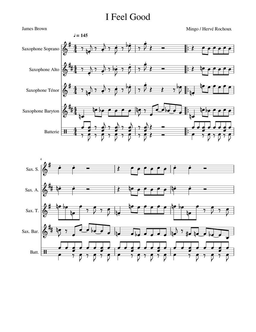 I FEEL GOOD QUATUOR SAX ET DRUMS Sheet music for Saxophone alto ...