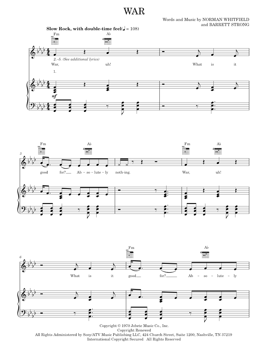War Sheet music for Piano, Vocals by Bruce Springsteen, Edwin Starr ...