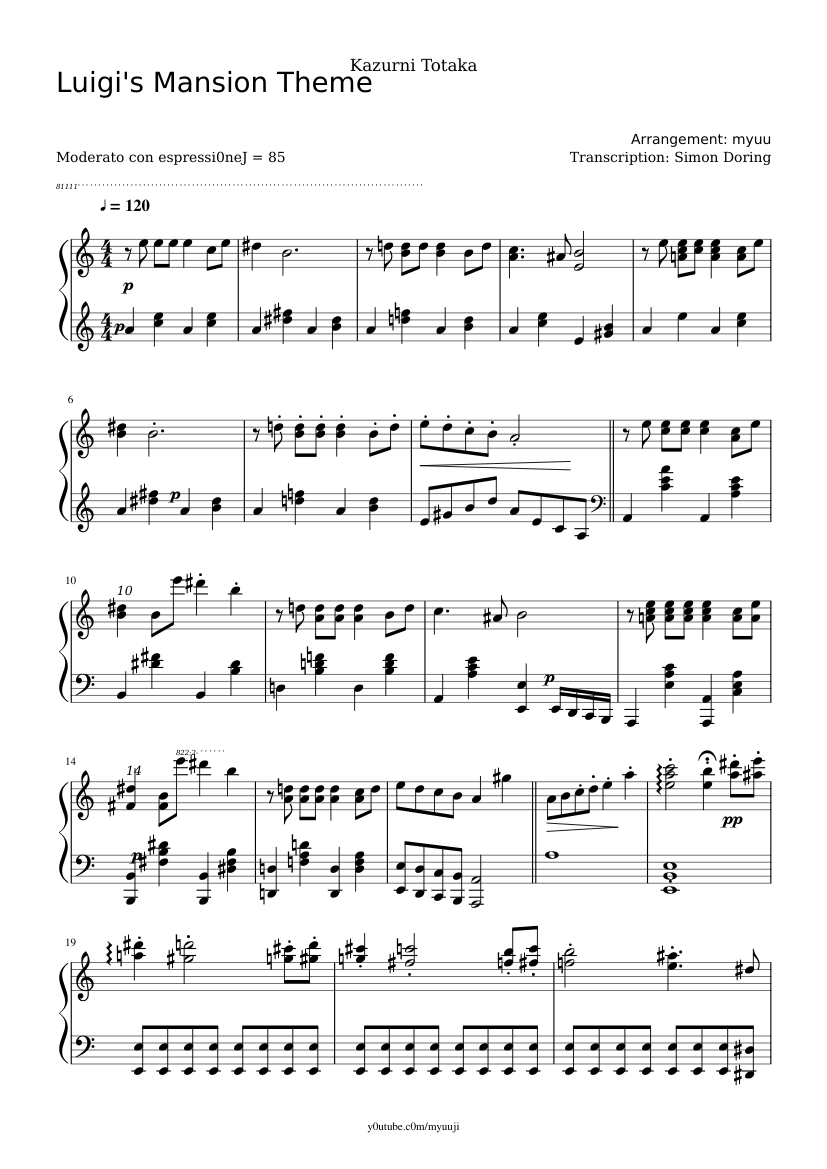 Luigis Mansion Theme Piano Version Sheet Music for Piano (Solo ...