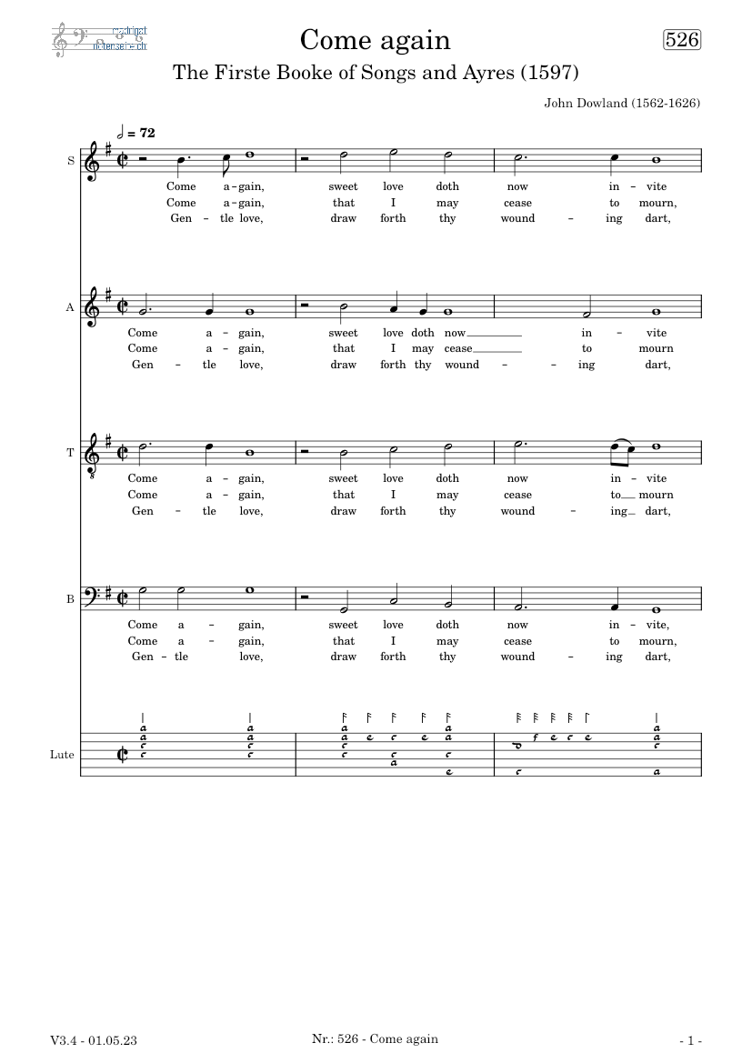Come again (John Dowland) Sheet music for Soprano, Alto, Tenor, Bass ...
