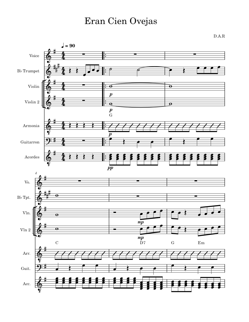 Eran Cien Ovejas Sheet music for Vocals, Trumpet in b-flat, Violin ...