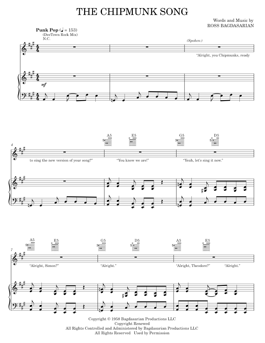 Play Official version of The Chipmunk Song Sheet Music by Alvin and The ...
