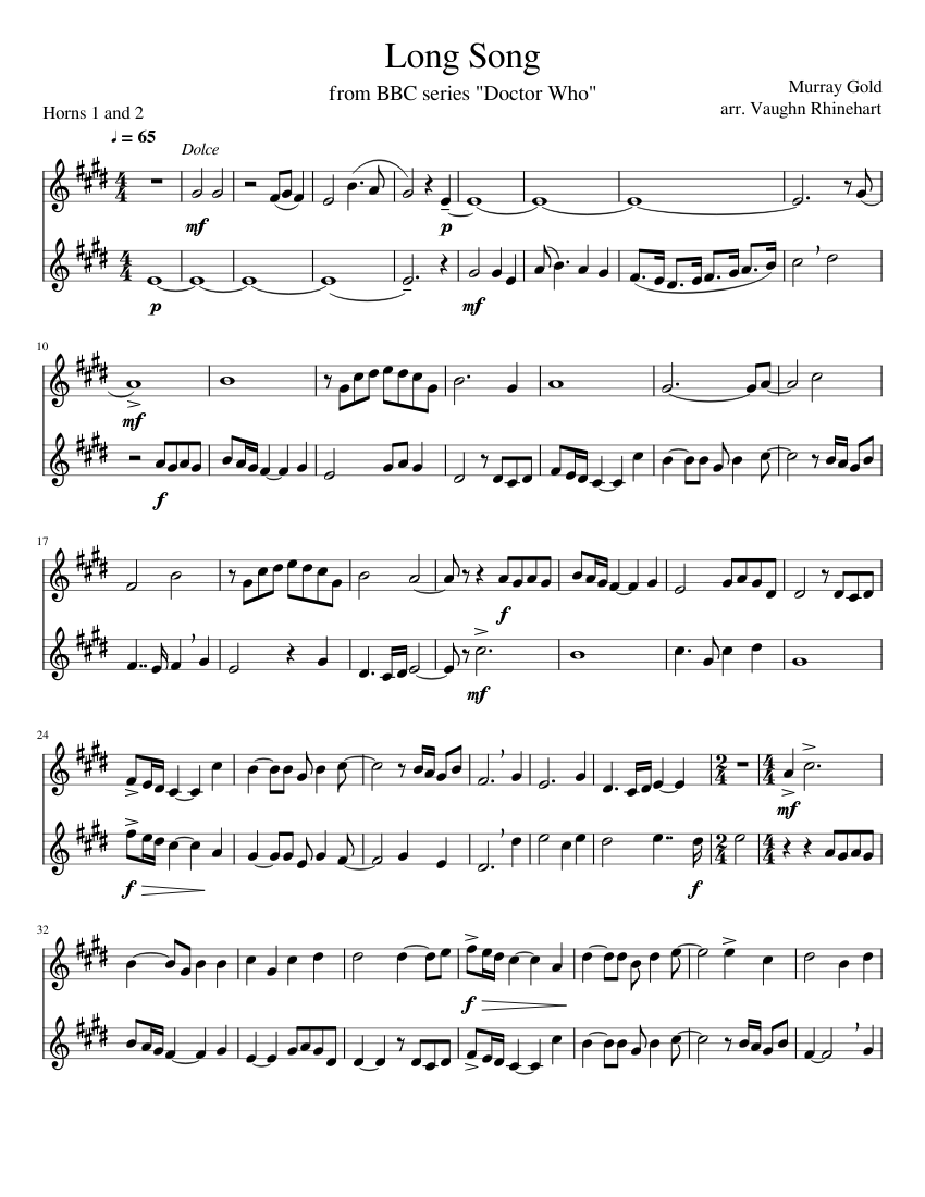 The Long Song - Doctor Who (French Horn Duet) Sheet Music for French ...