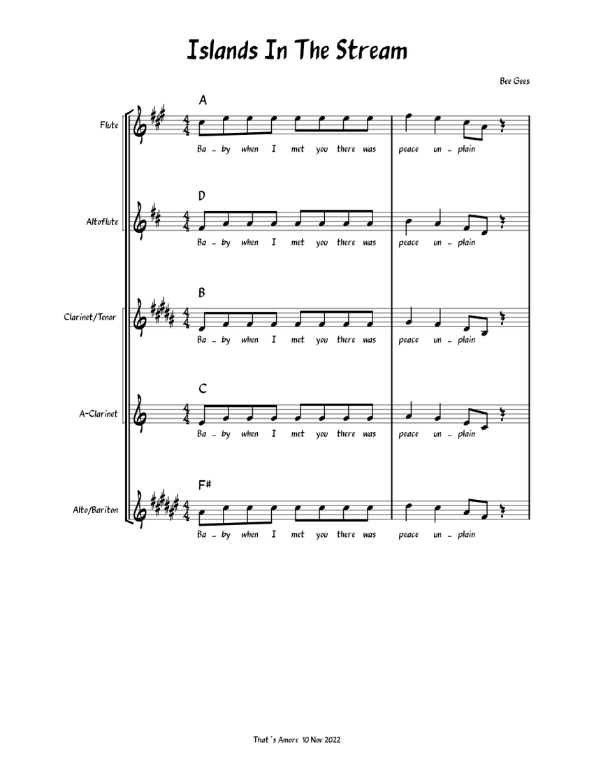 Islands in the stream – Bee Gees Sheet music for Flute, Clarinet in b ...
