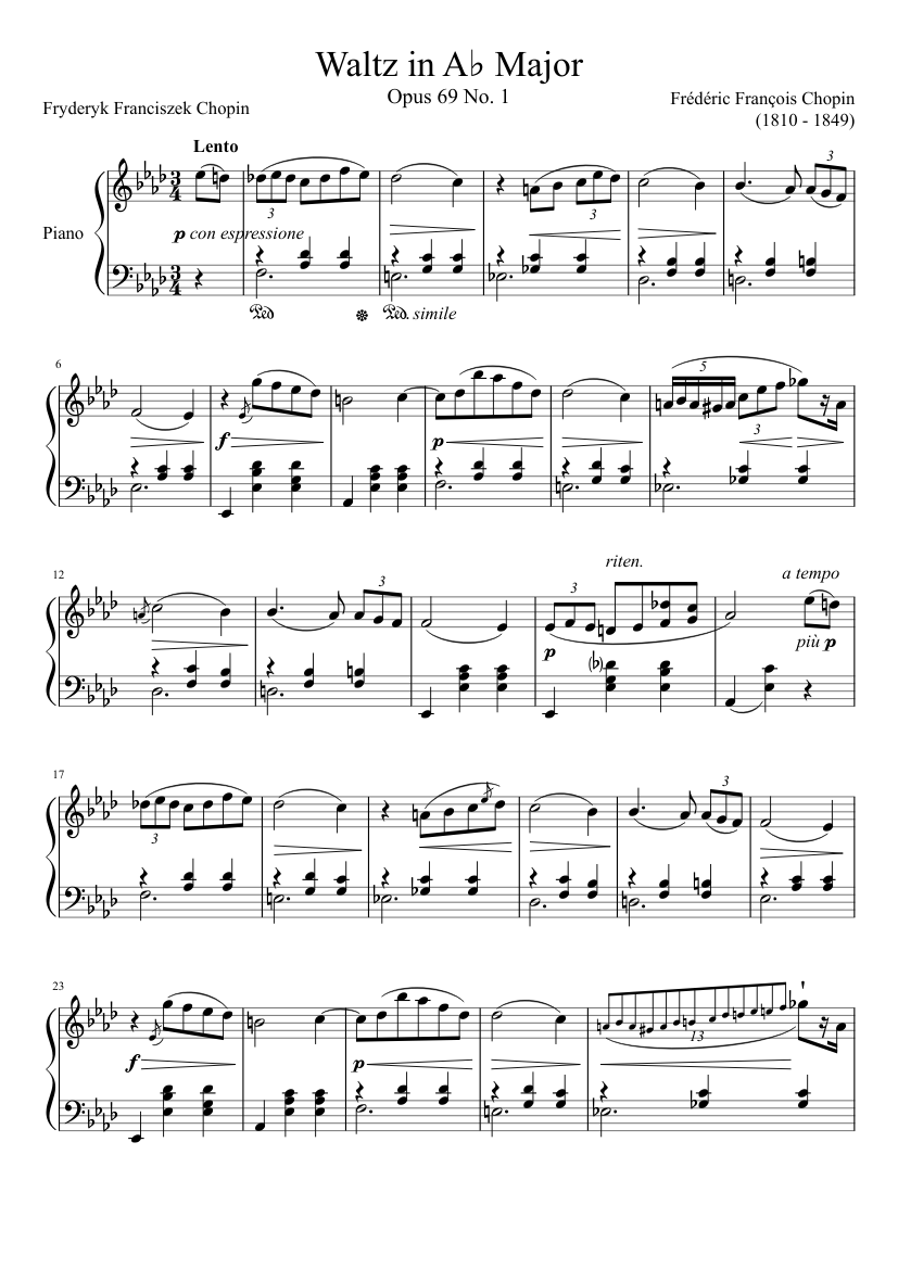 Waltz Opus 69 No. 1 in A♭ Major Sheet Music for Piano (Solo ...