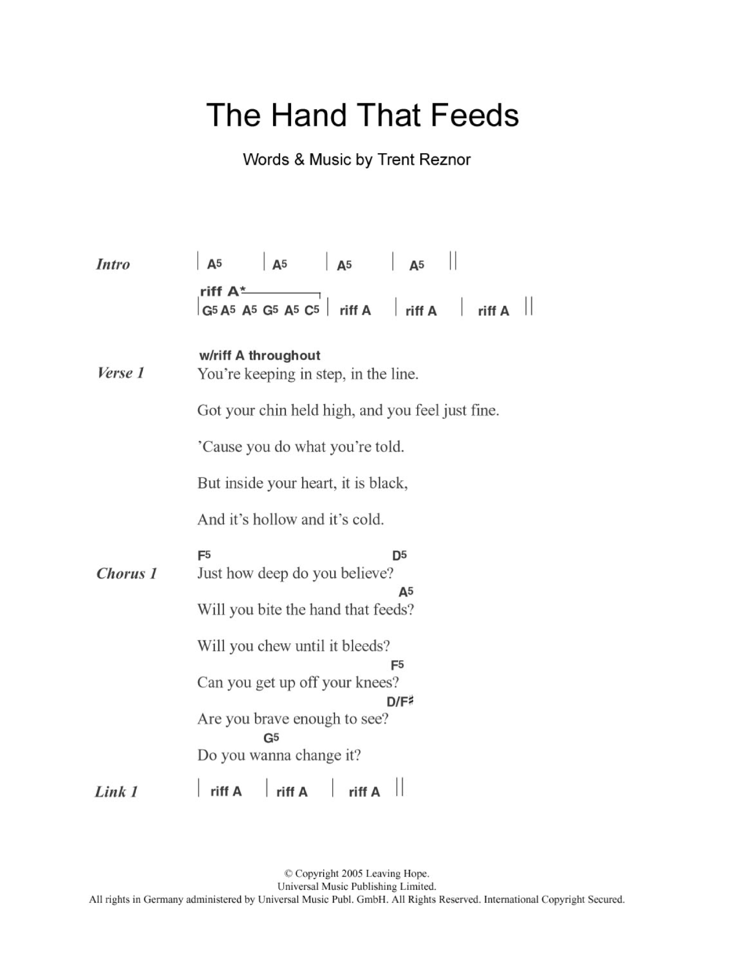 Play Official version of The hand that feeds Sheet Music by Nine Inch ...