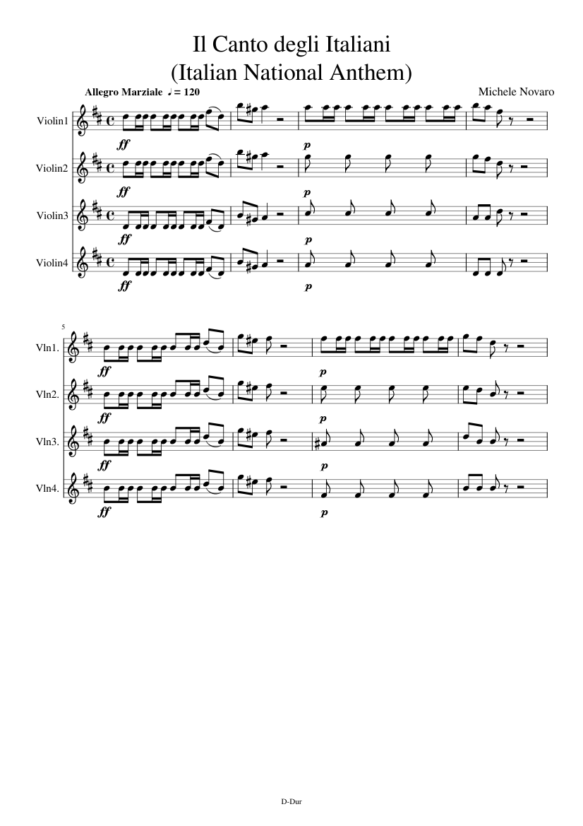 Italian Anthem (Il Canto degli Italiani) for Violin Quartet Sheet Music ...