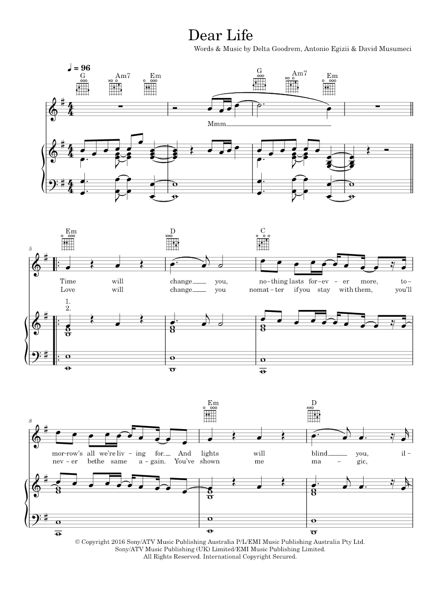 Play Official version of Dear life sheet music by Delta Goodrem for ...
