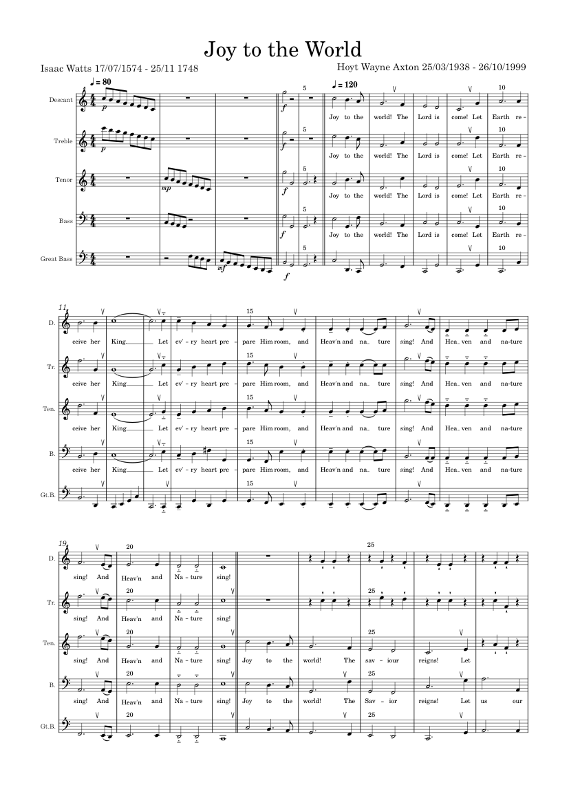 Joy to the World – arranged by Lowell Mason lyrics added by Hoyt Wayne ...