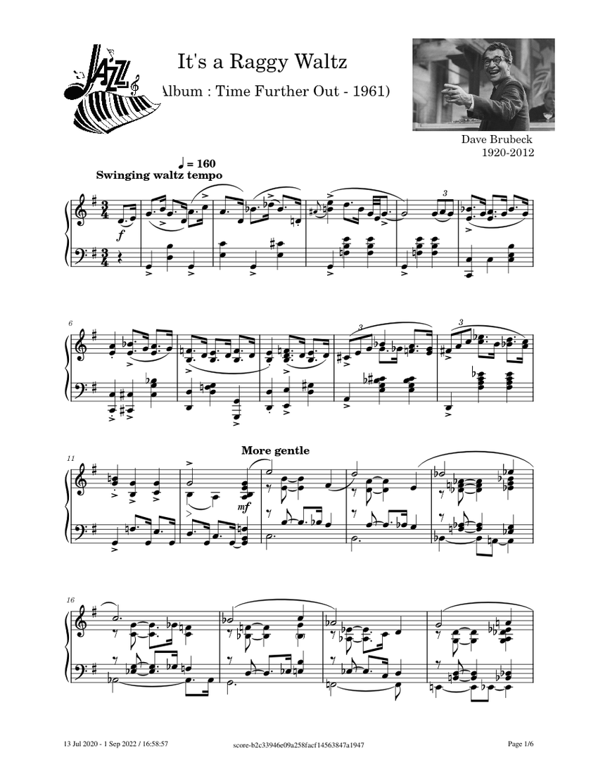 It's a Raggy Waltz – Dave Brubeck Sheet music for Piano (Solo) | Musescore.com
