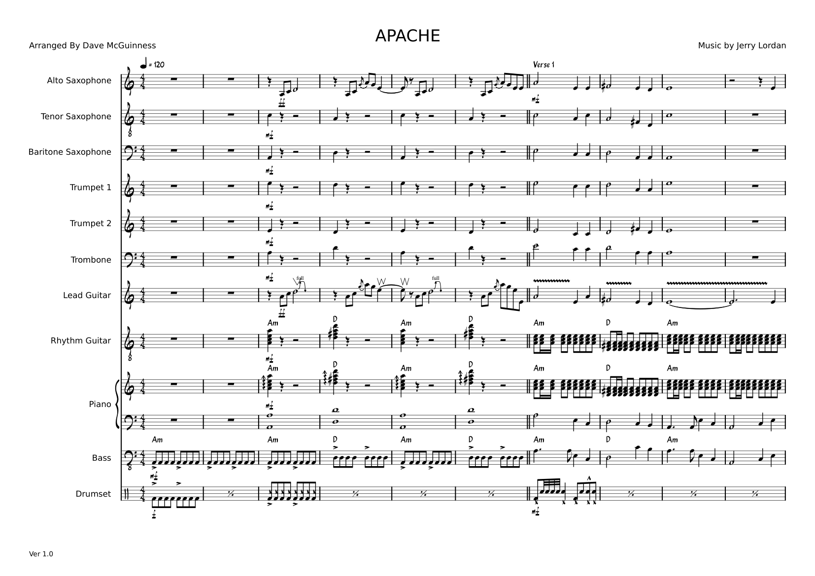 Apache – Jerry Lordan Apache Sheet Music for Piano, Trombone, Saxophone ...