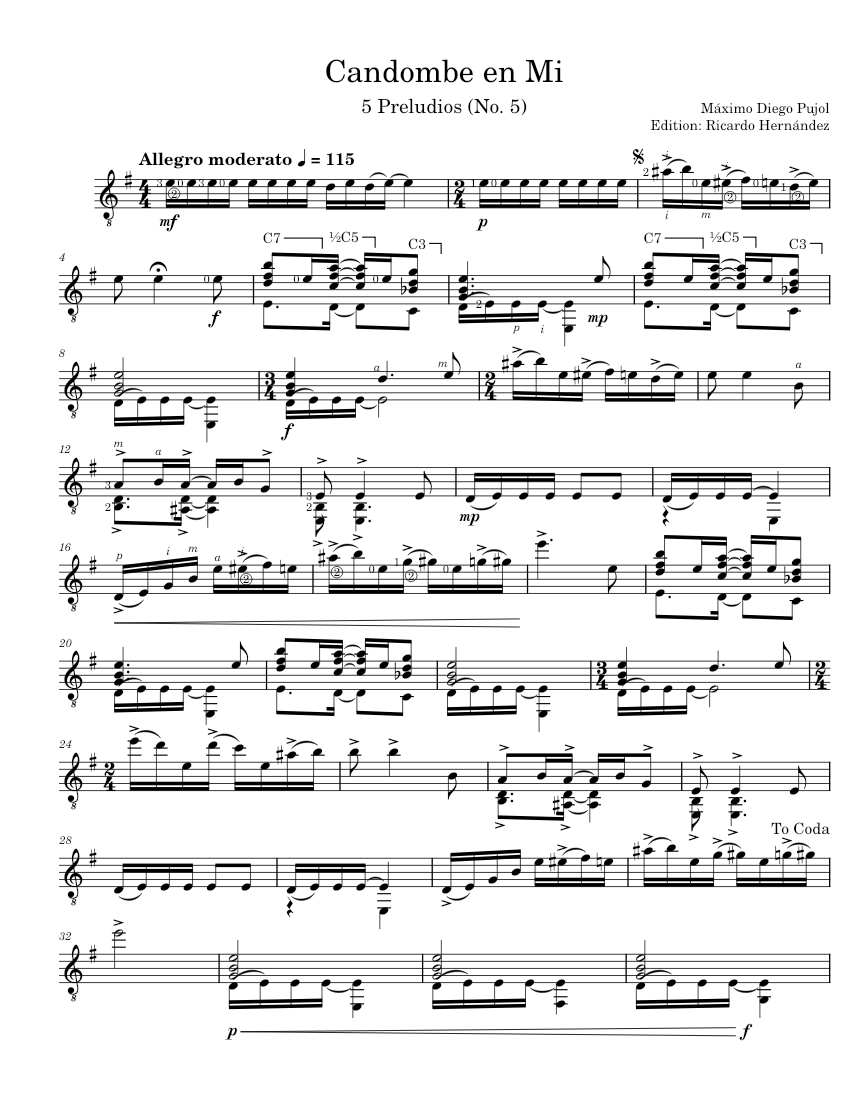 Candombe en Mi (no. 5) – Máximo Diego Pujol Sheet music for Guitar (Solo) | Musescore.com