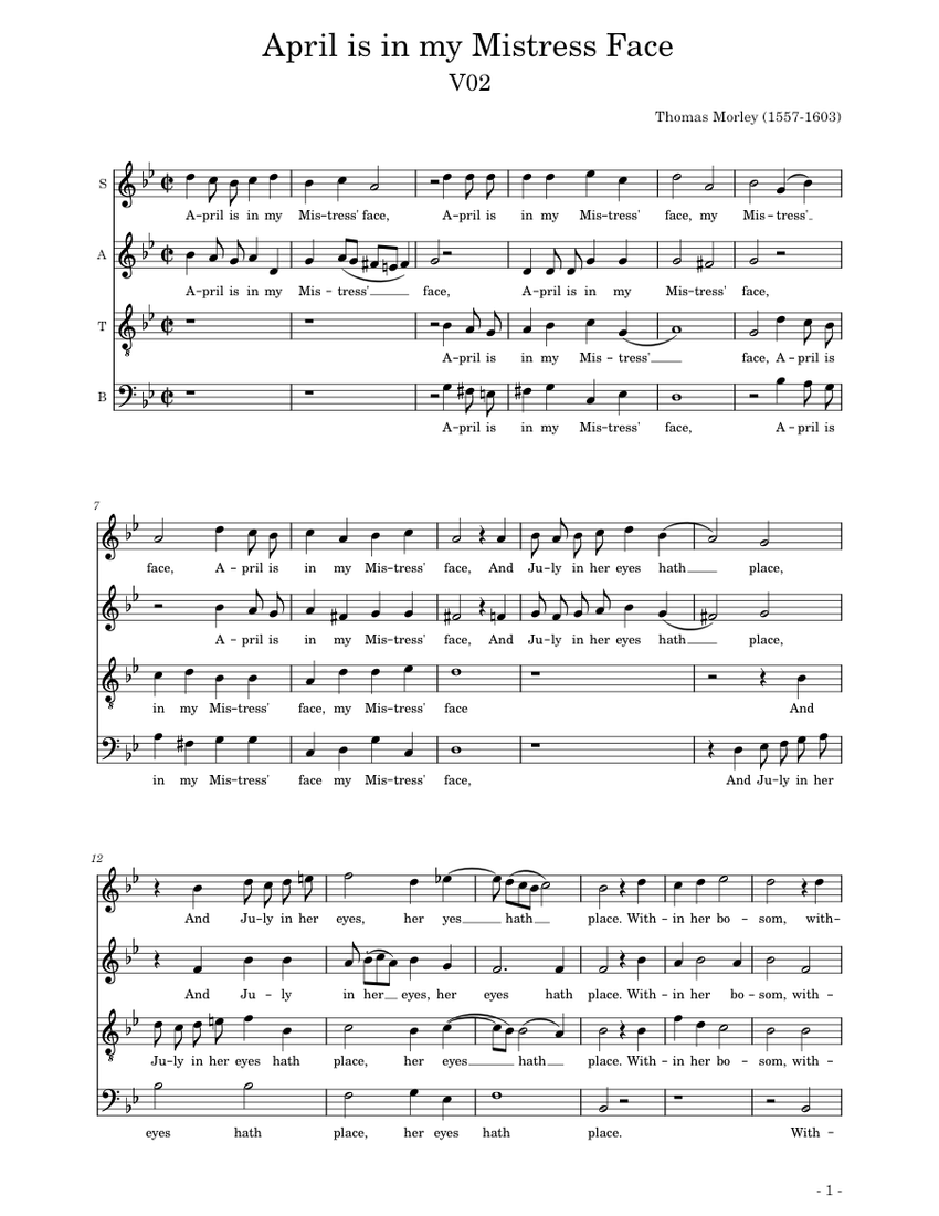 April is in my Mistress Face Thomas Morley-v02 Sheet music for Soprano ...