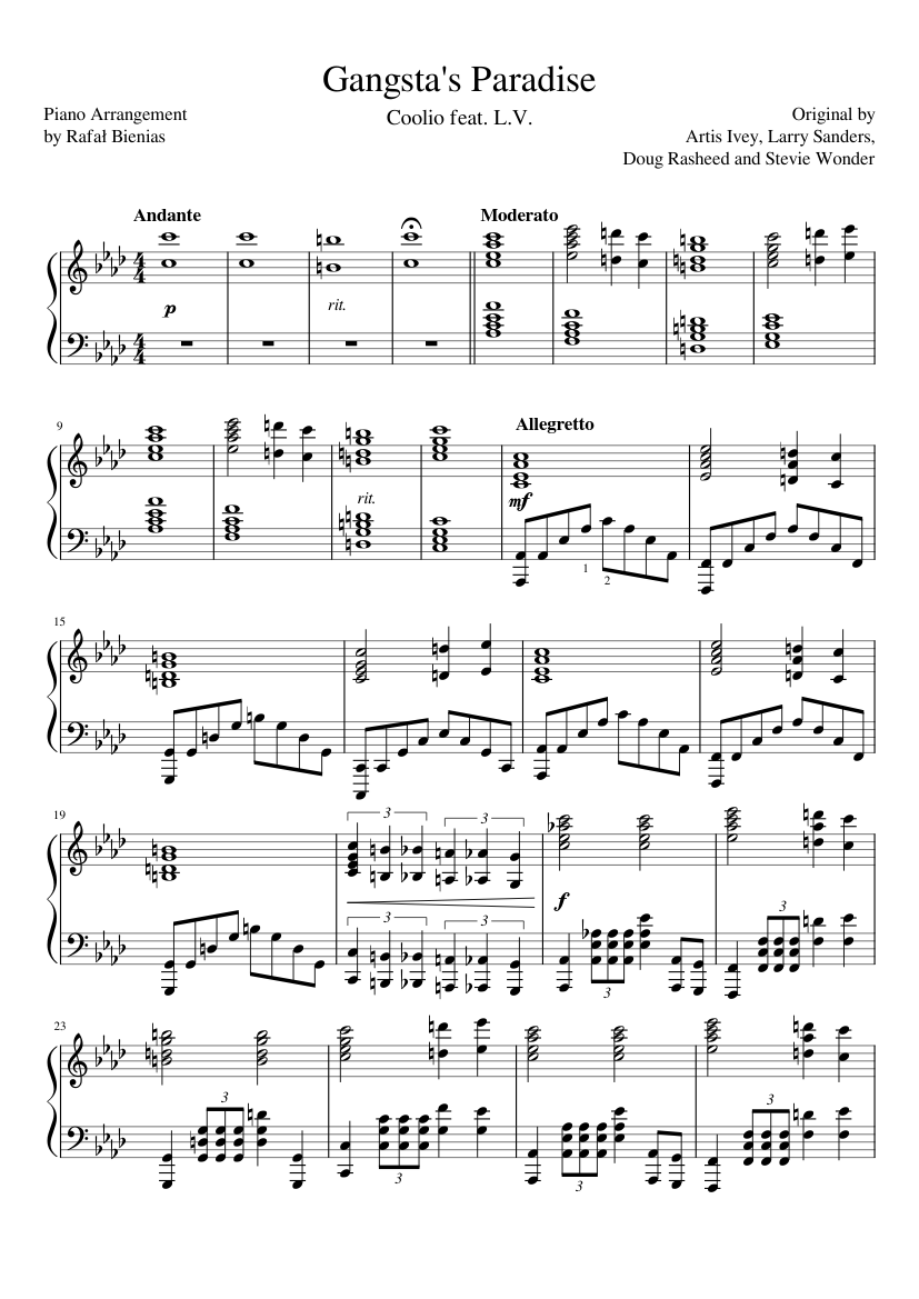 Gangsta's Paradise – Coolio Feat. L.V. Sheet Music for Piano (Solo ...