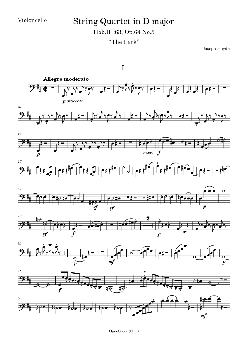 Haydn, Joseph - String Quartet in D major, Hob.III:63, Op.64 No.5 - "The Lark" - Cello PART ...
