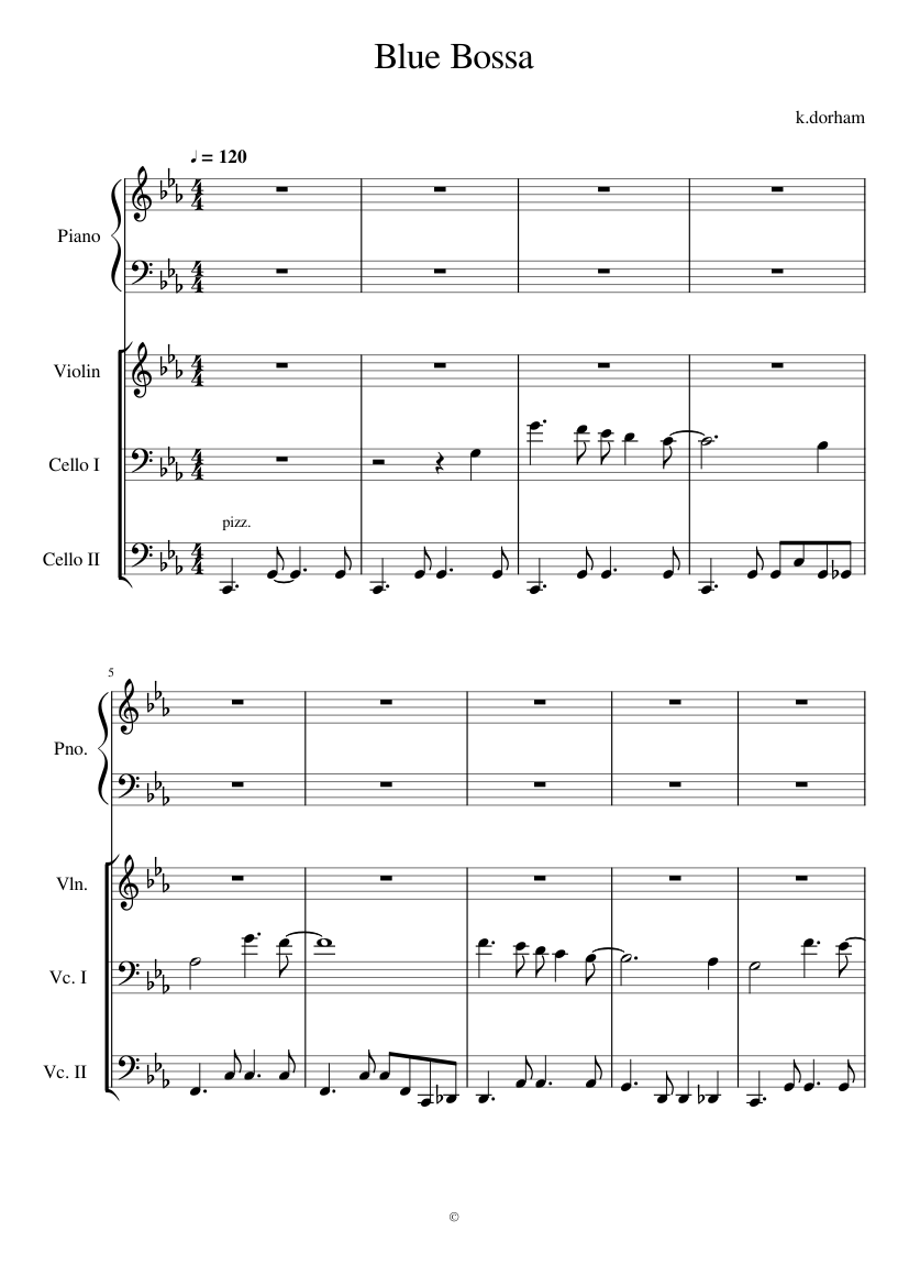 blue bossa by Kenny Dorham for 2 celli violin and piano Sheet music for ...