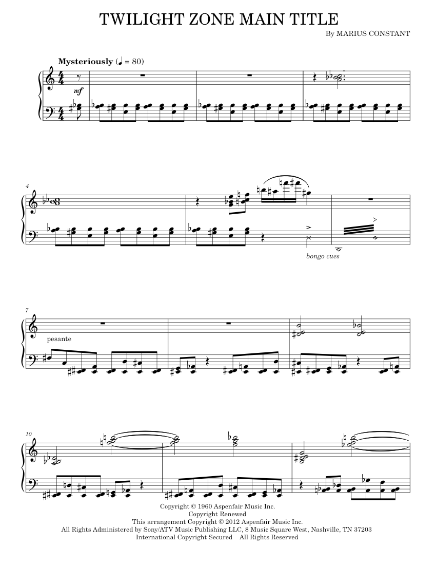 Twilight Zone Main Title Sheet music for Piano: Music Notes