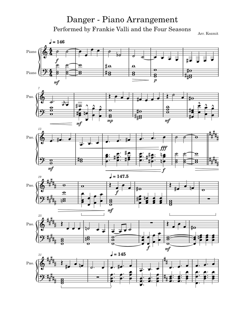 Danger – Frankie Valli Sheet music for Piano (Solo) | Musescore.com