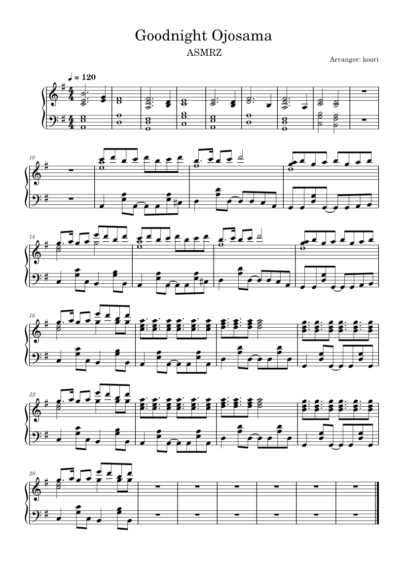 잘자요아가씨／Goodnight Ojosama／晚安大小姐／おやすみなさい、お嬢様 – ASMRZ(TANAKA, NEEDMORECASH) Sheet Music for Piano ...
