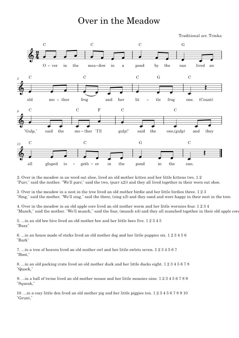 Over in the Meadow – Traditional arr. Trinka Sheet Music with Chords ...