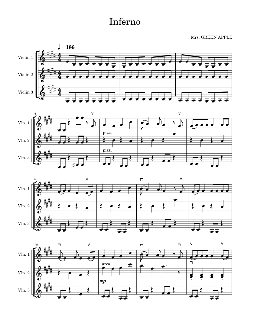 Mrs. GREEN APPLE - Inferno (violin) Sheet Music for Violin (Mixed Trio ...
