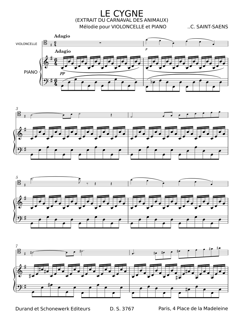 Le CYGNE - C. Saint-Saens Sheet music for Piano, Cello (Solo) | Musescore.com