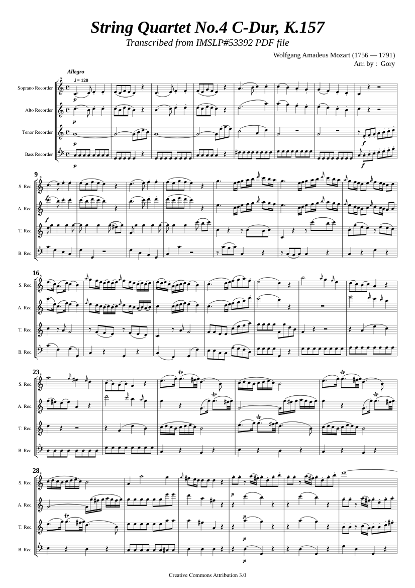Mozart, W. A. _ String Quartet No.4 C-Dur, KV 157 [S, A, T, B Rec] Sheet Music for Recorder ...
