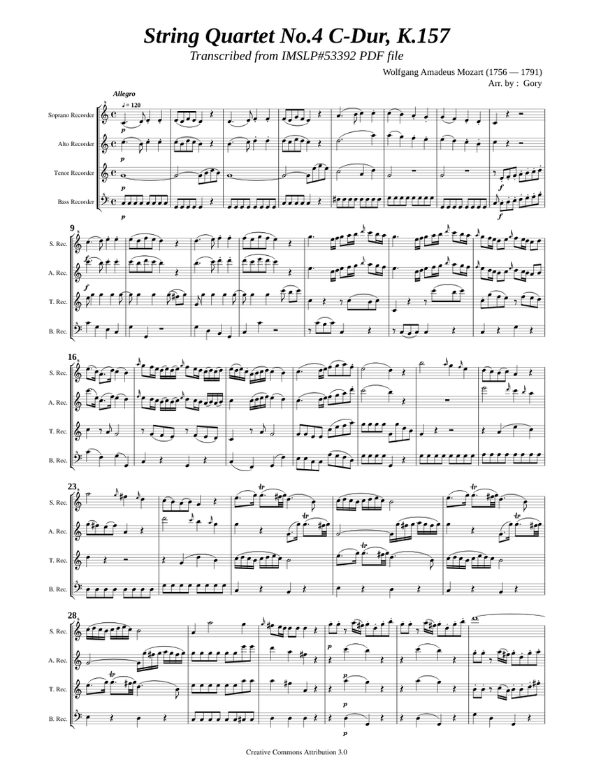 Mozart, W. A. _ String Quartet No.4 C-Dur, KV 157 [S, A, T, B Rec] Sheet music for Recorder ...