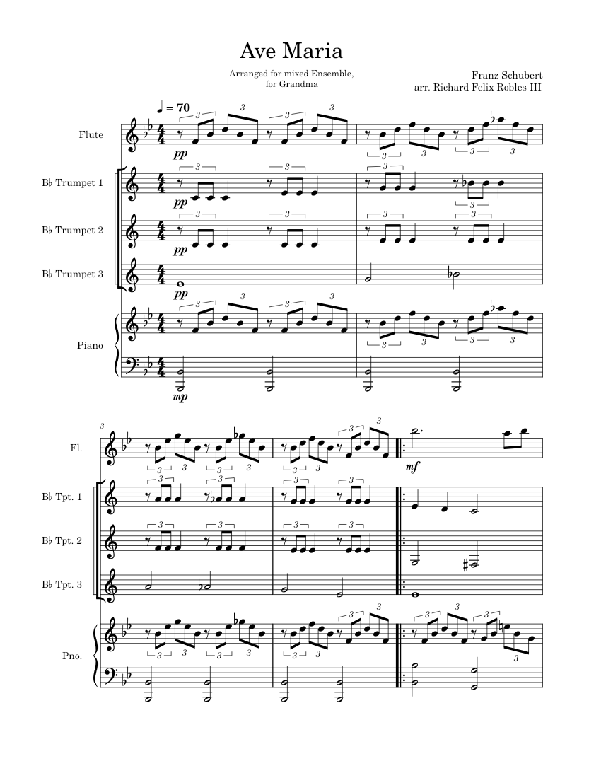Ave Maria, D.839 – Franz Schubert Sheet music for Piano, Flute, Trumpet in b-flat (Mixed ...