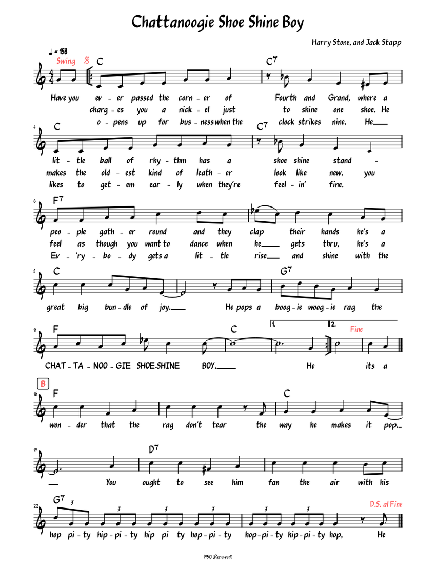 Chattanoogie Shoe Shine Boy (Lead sheet with lyrics ) Sheet music for ...